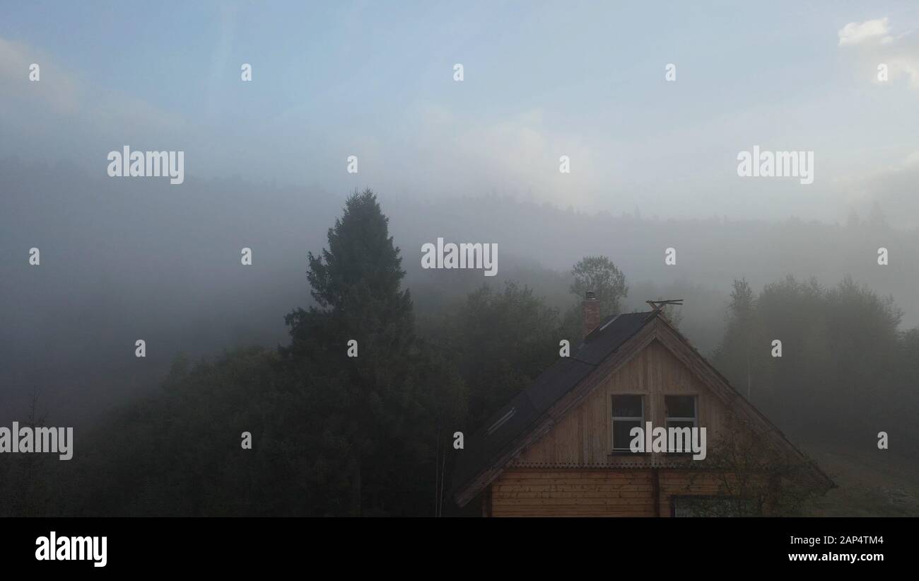 Trees and house in fog Stock Photo - Alamy