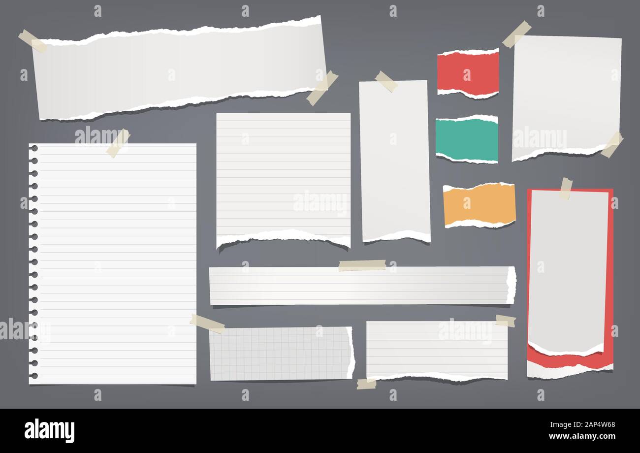 Torn white, colorful note, notebook paper strips and pieces stuck with ... Torn white, colorful note, notebook paper strips and pieces stuck with ...