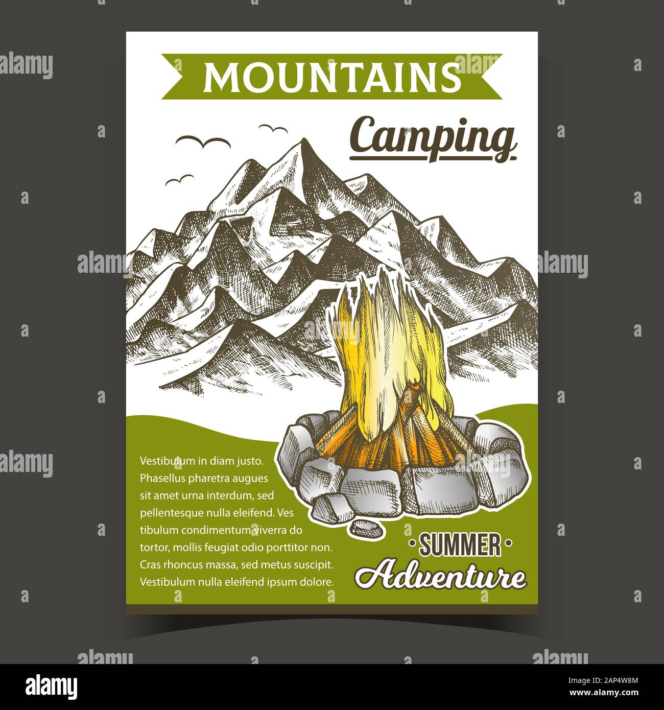Mountains Camping Fire Advertising Poster Vector Stock Vector Image ...