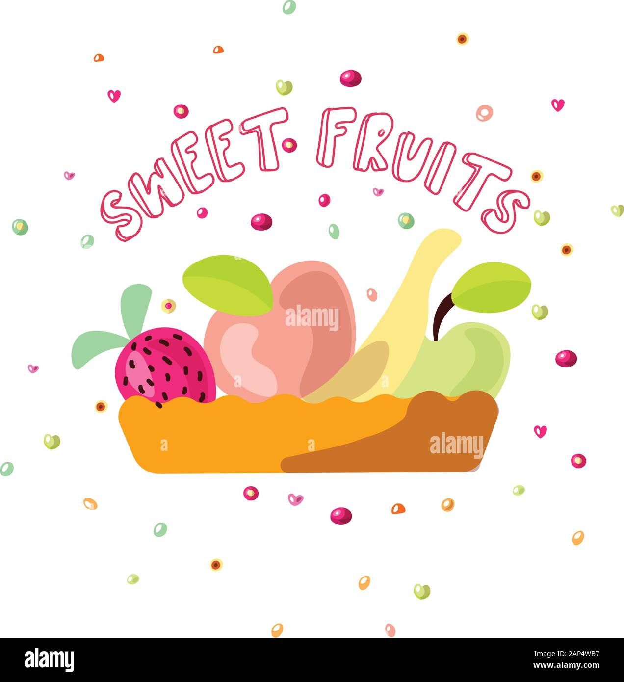 Cute cartoon vector illustration of sweet fruits and berries in plate ...