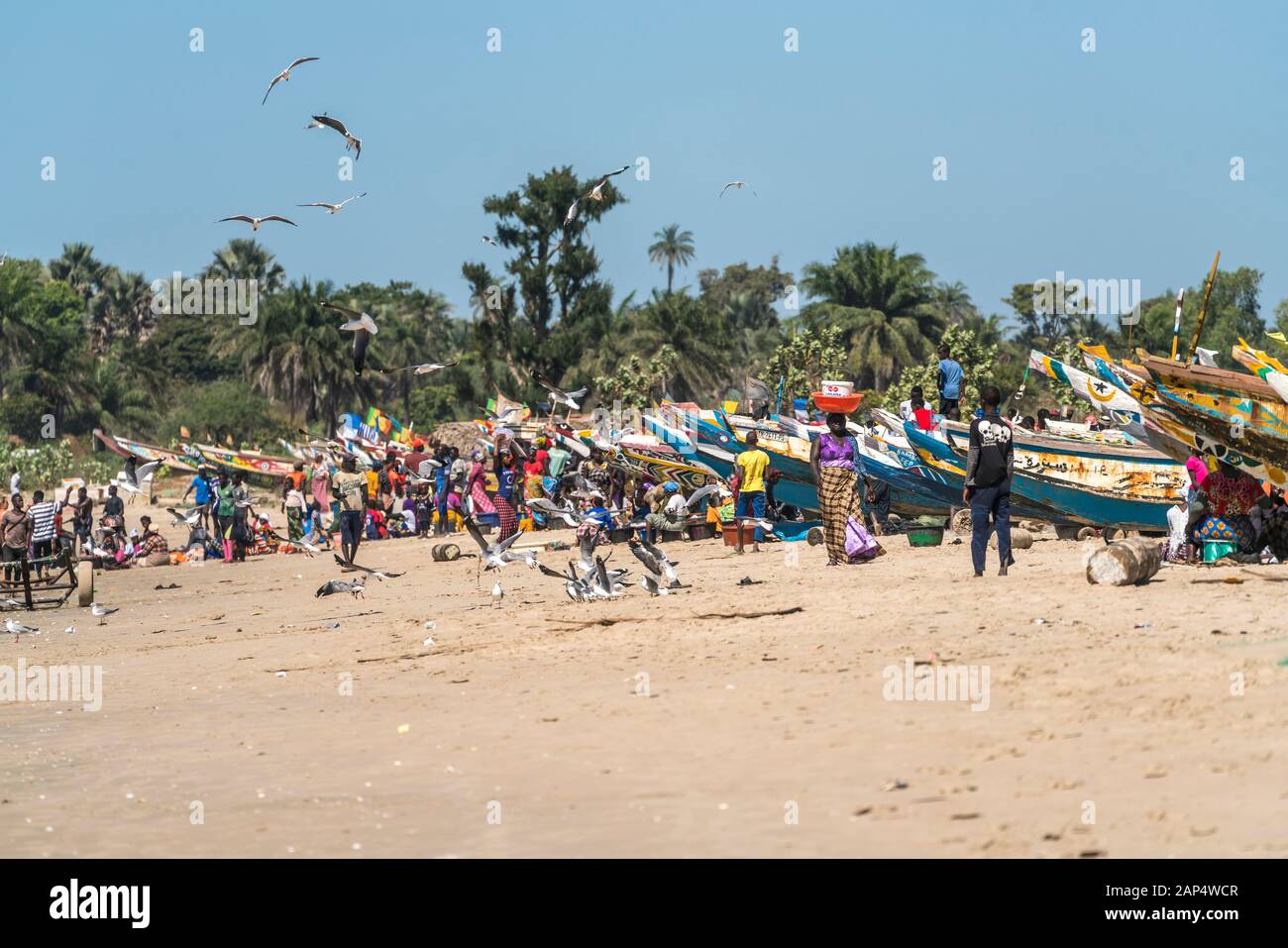 Bunte Fischerboote am Strand von Sanyang, Gambia, Westafrika ...
