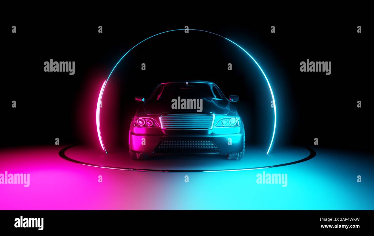 Car with neon light circle frames on dark background. 3D illustration ...