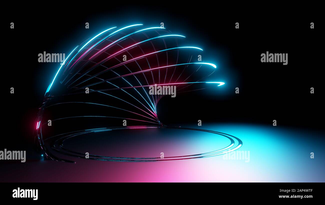 Neon light with abstract shell consists of circles on dark background ...