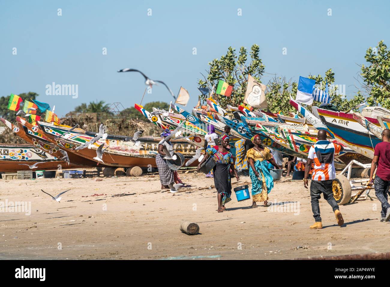 Die Frauen der Fischer mit den Fischerboote am Strand von Sanyang ...