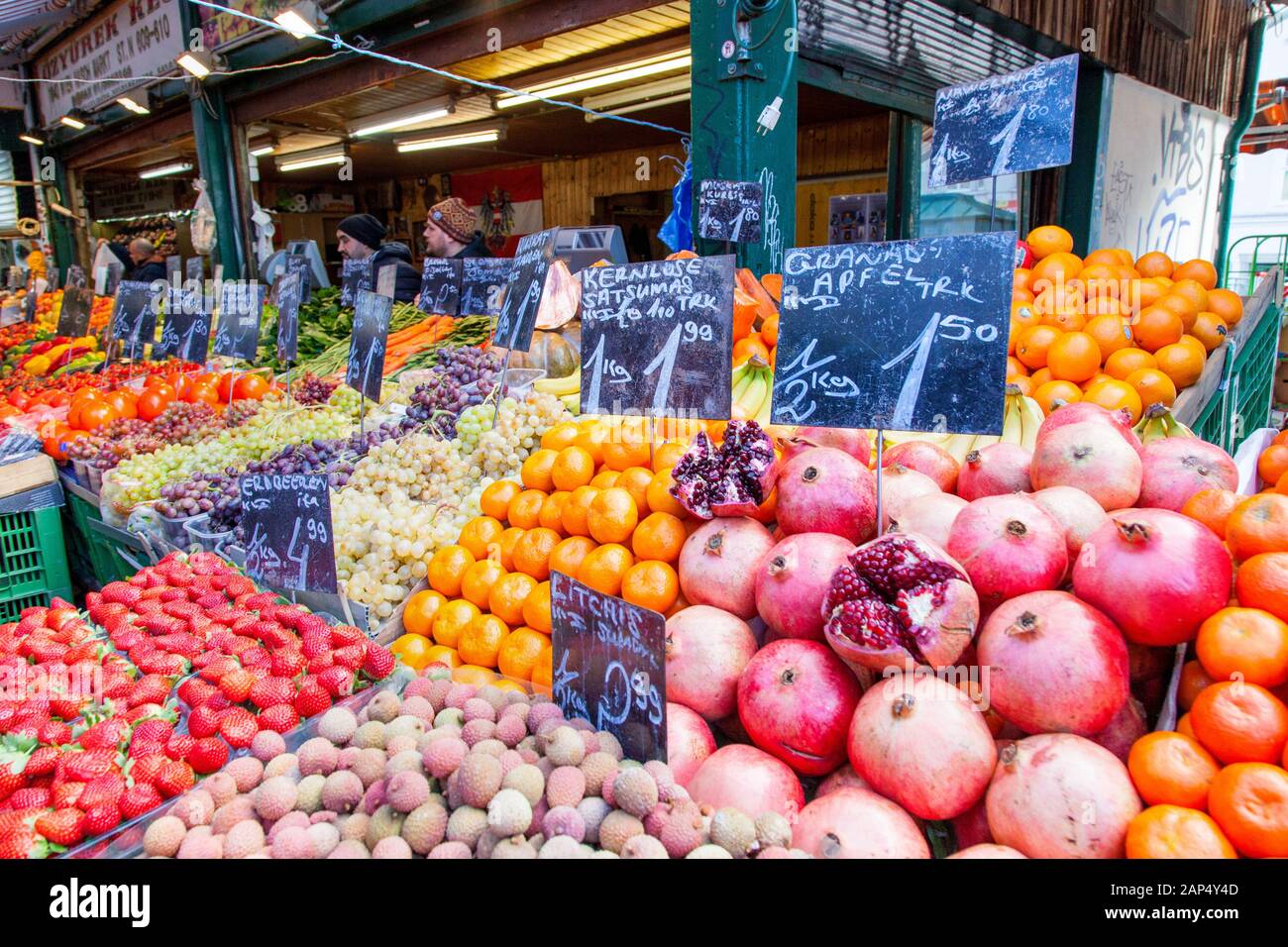 Fruit and vegetables on display at Naschmarkt Market, Vienna, Austria ...