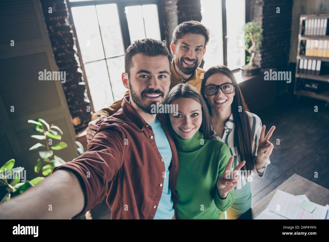 Self-portrait of four nice attractive friendly cheerful cheery ...