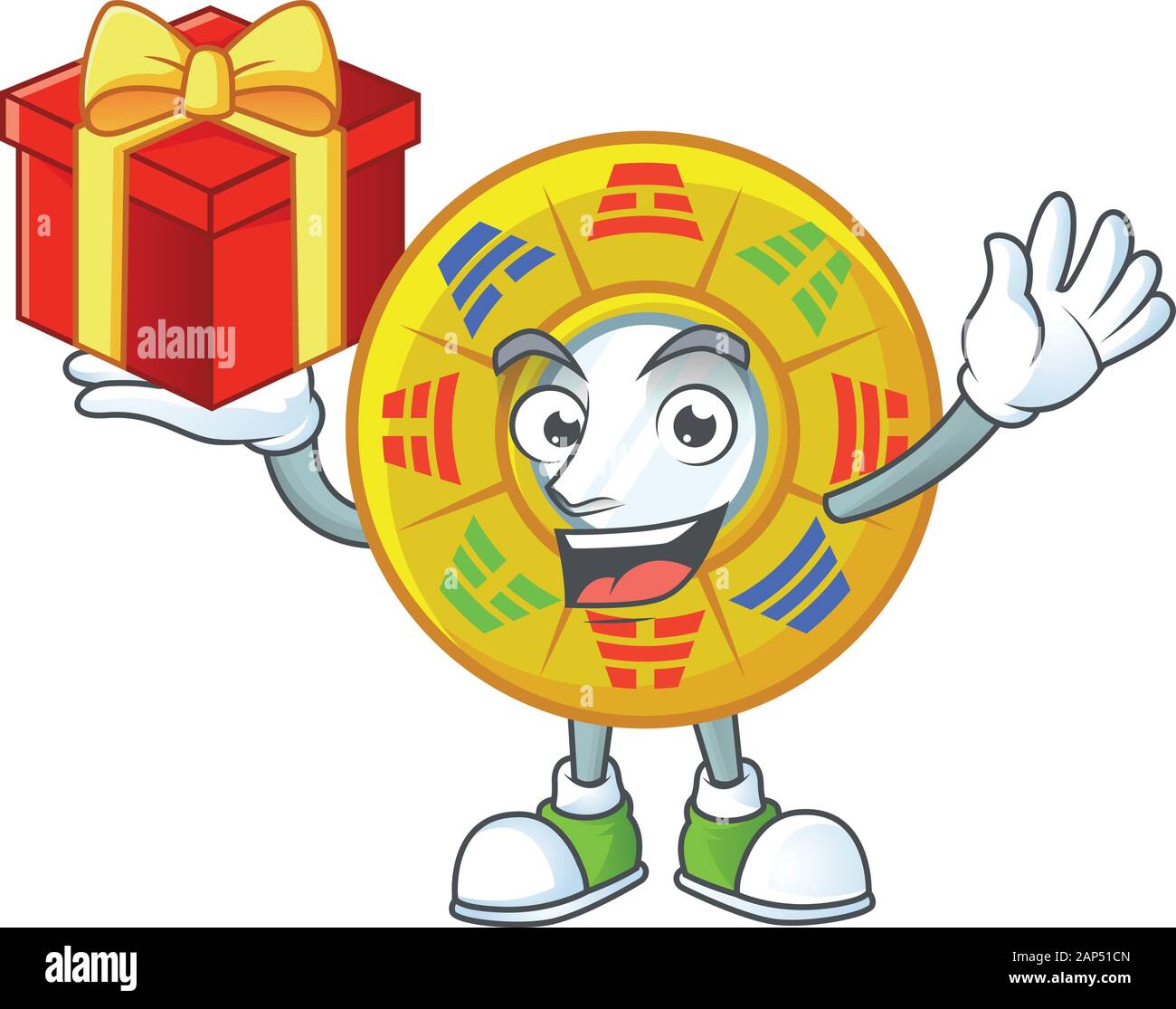 Happy face chinese circle feng shui cartoon character having a box of ...