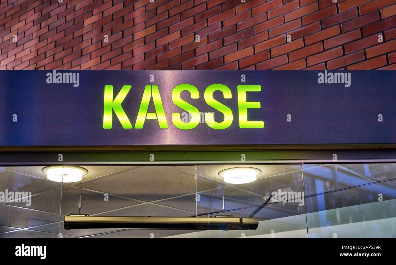 Cash register as backlit text in German. Letters with Kasse means cash ...