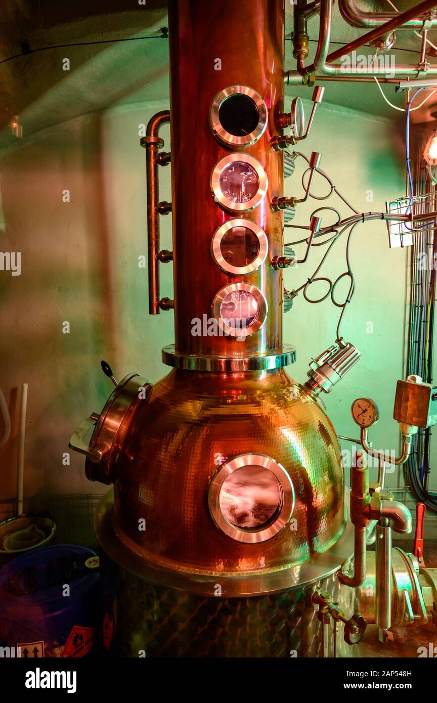 Gin distillation process in copper tanks, Scotland, UK Stock Photo - Alamy
