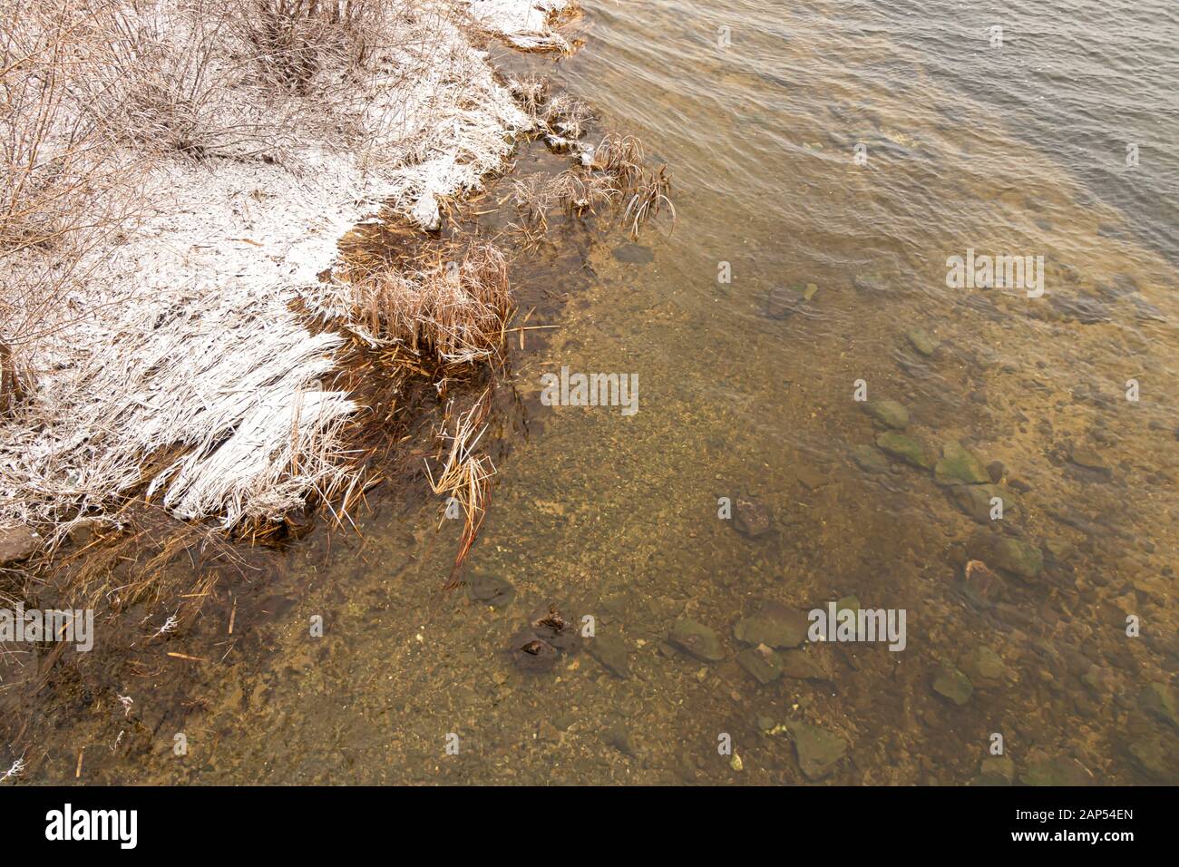 Winter nature. Winter is abnormal, water flows in the river and does ...
