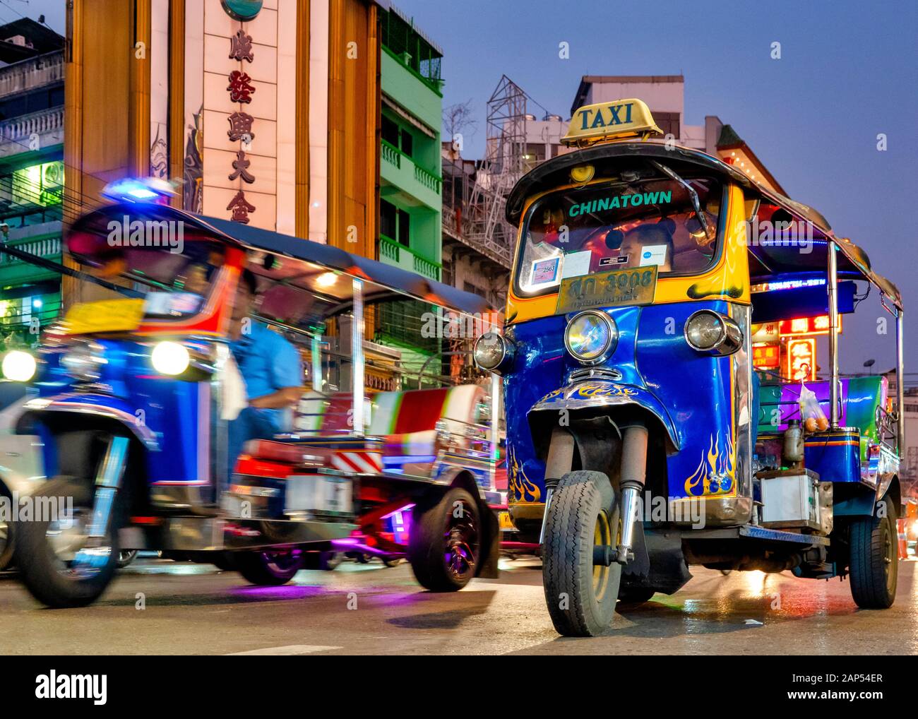 Tuk Tuk in Yaowarat Road in Bangkok's Chinatown, Bangkok Thailand Stock Photo - Alamy