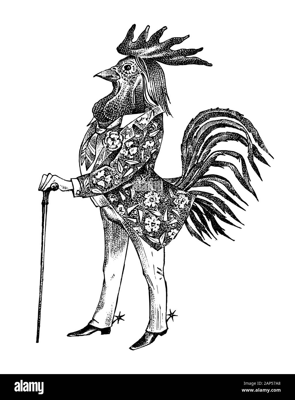 A rooster man with a cane and boots in a cowboy style. Hand drawn ...