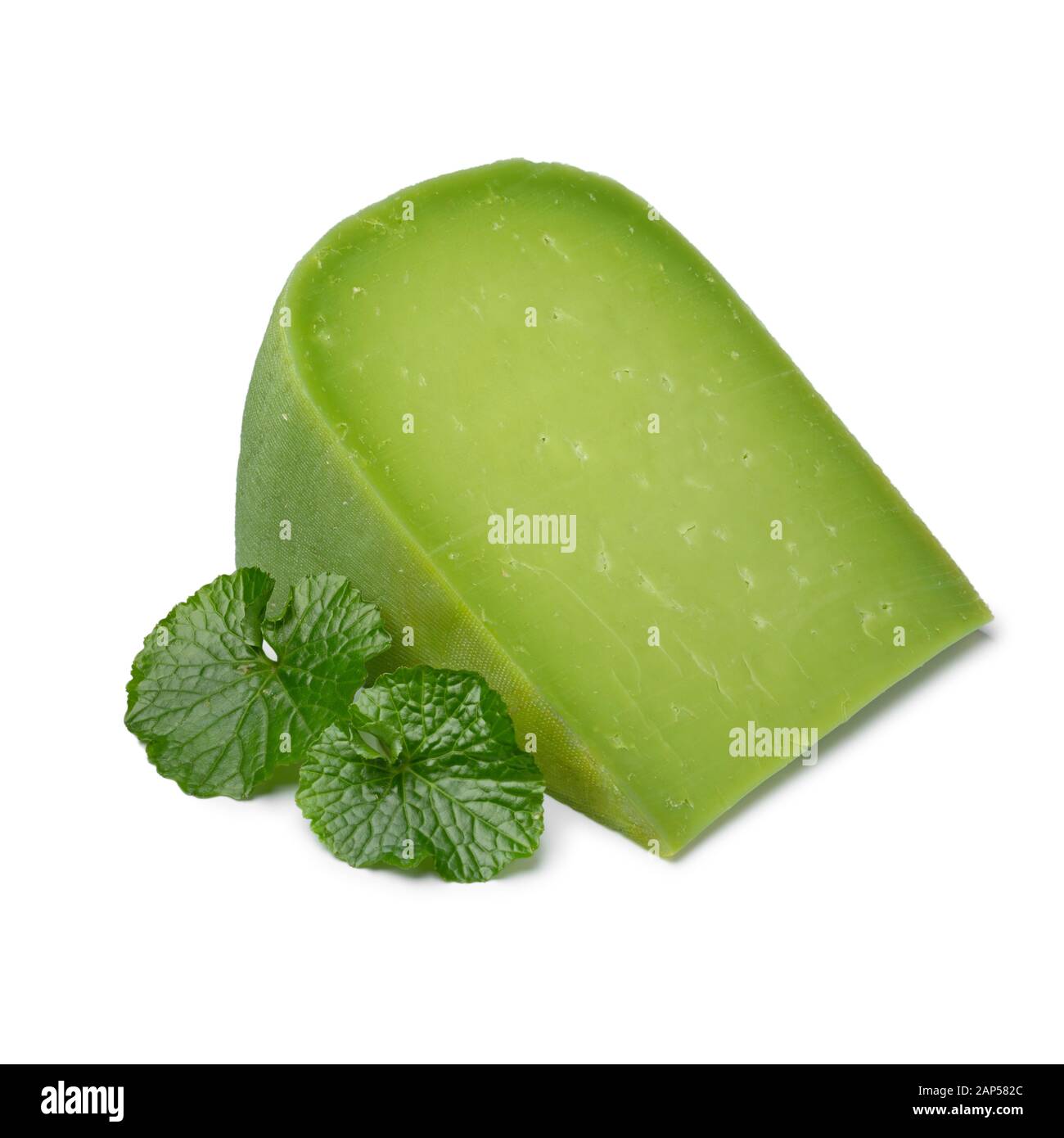 Piece of green wasabi cheese and fresh wasabi leaves isolated on white ...