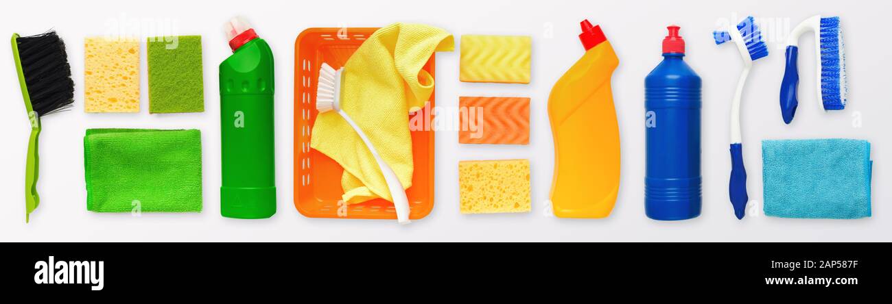 Set Of Colorful Cleaning Tools On White Background, Flat Lay Stock ...