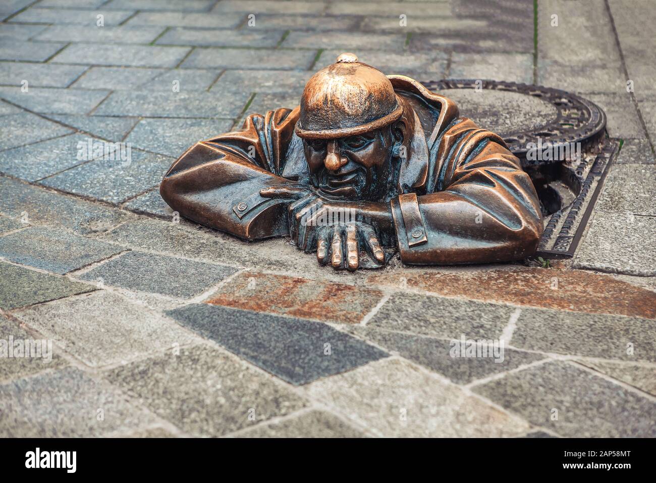 bronze statue Cumil the most famous statue in Bratislava Slovakia Stock ...