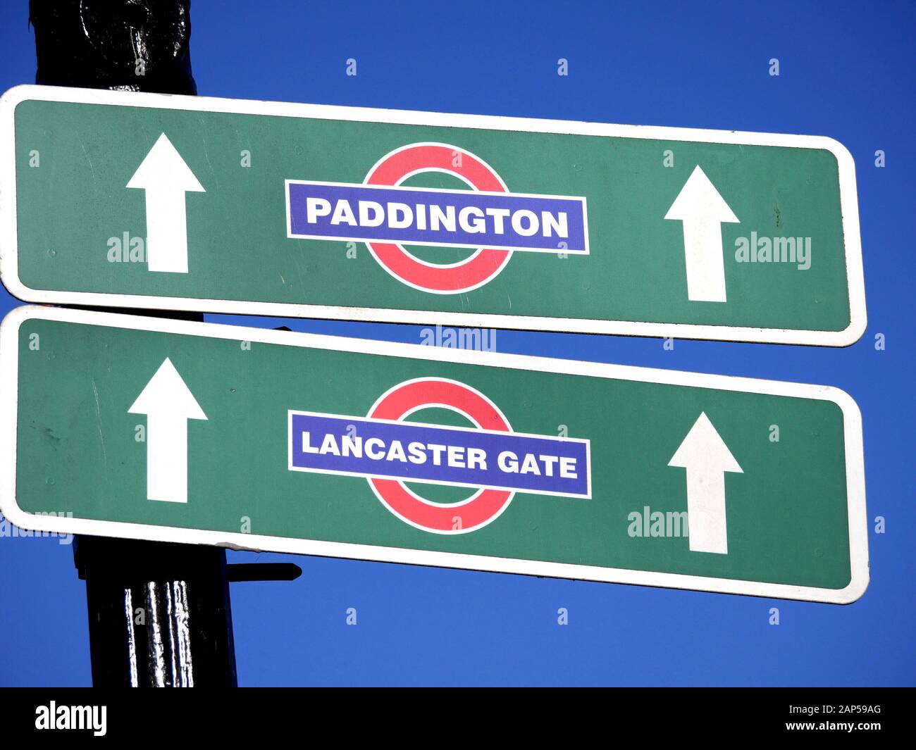 Direction signs for Paddington and Lancaster Gate, London Stock Photo ...