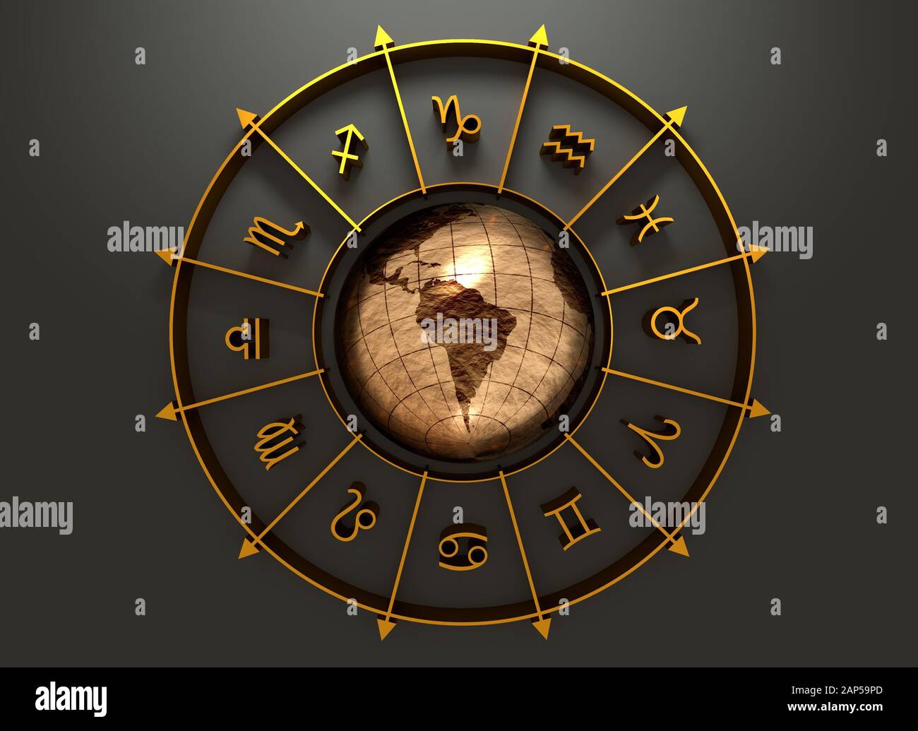 Golden astrological symbol in the circle. Earth globe in the center of ...