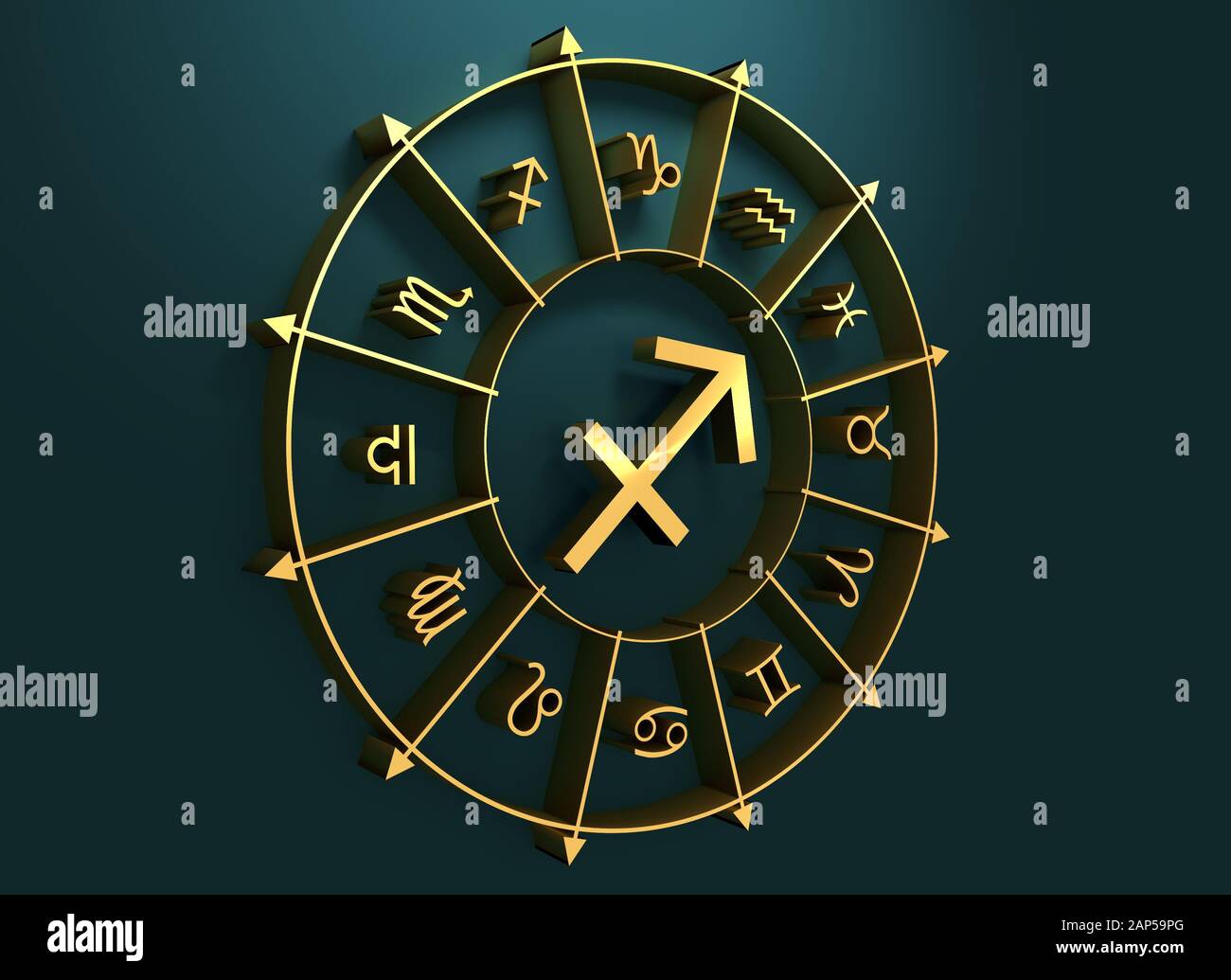 Archer astrology sign. Golden astrological symbol. 3D rendering Stock ...