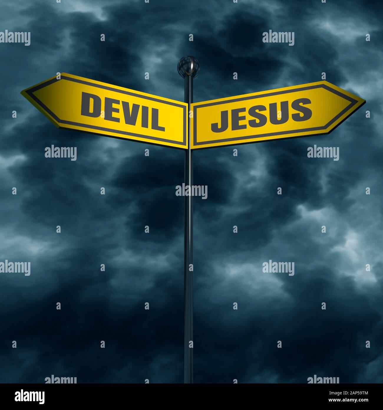 3d rendering of road signs with DEVIL and JESUS text pointing in ...