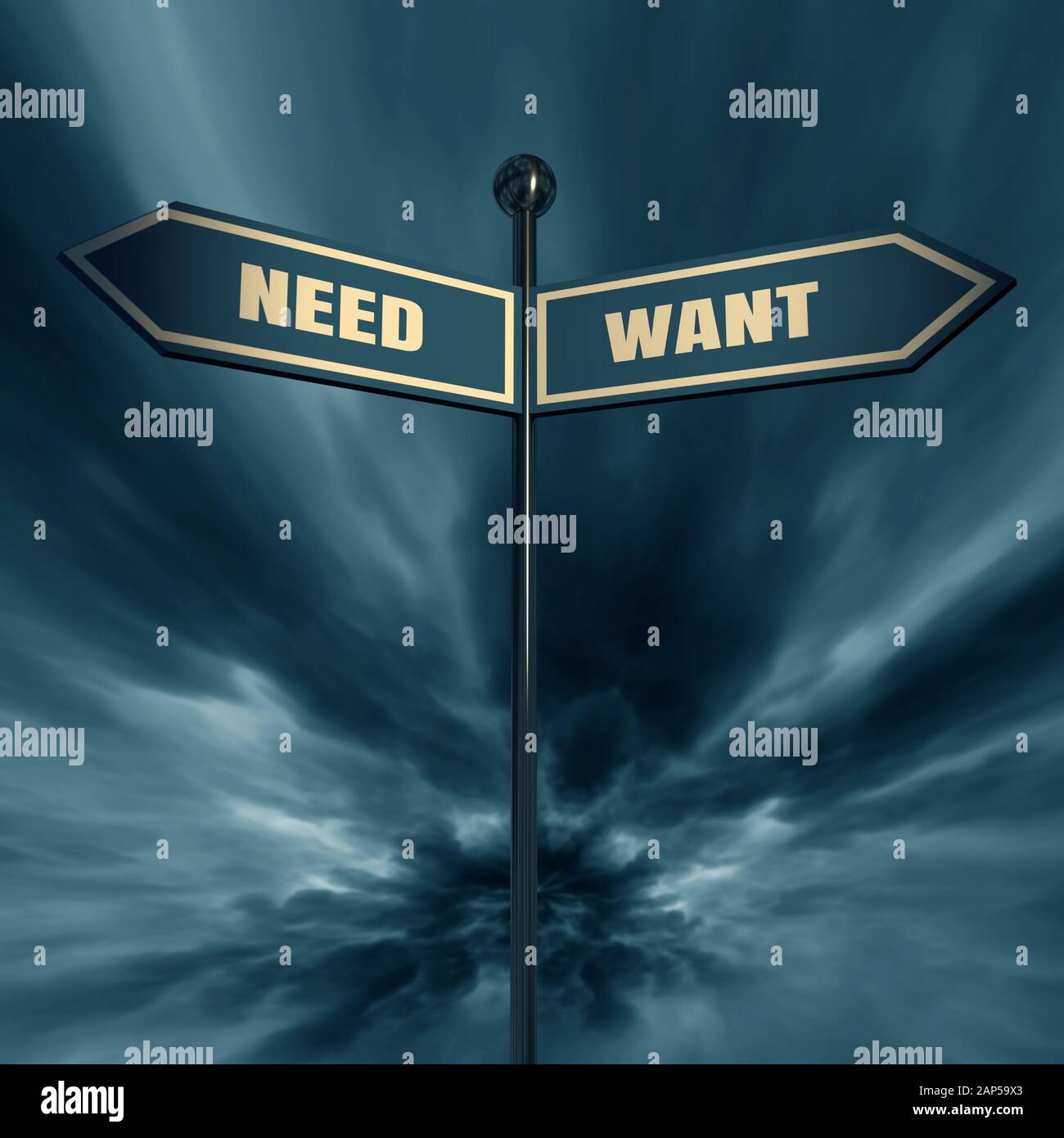 3d rendering of road signs with NEED and WANT text pointing in opposite ...