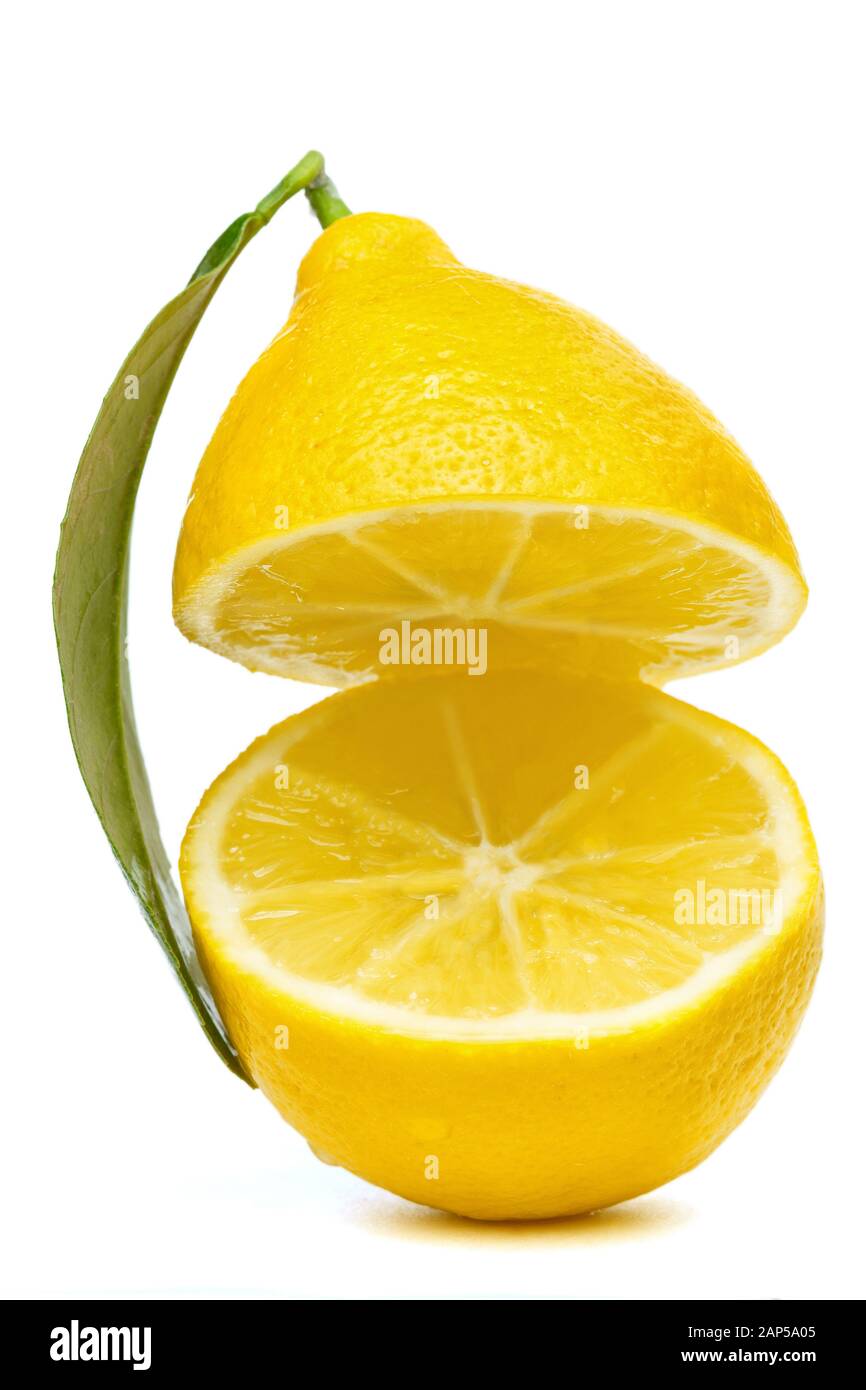 yellow lemon cut into two parts with a leaf isolated on a white ...