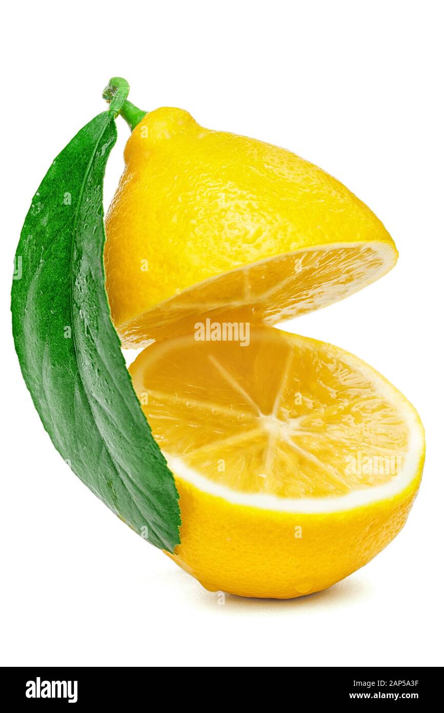 yellow lemon cut into two parts with a leaf isolated on a white ...