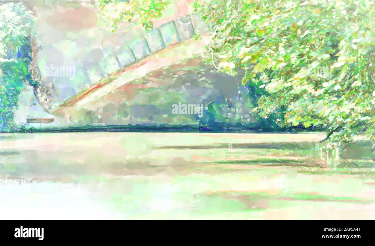 watercolor illustration: View to the corner of an arched bridge, from ...