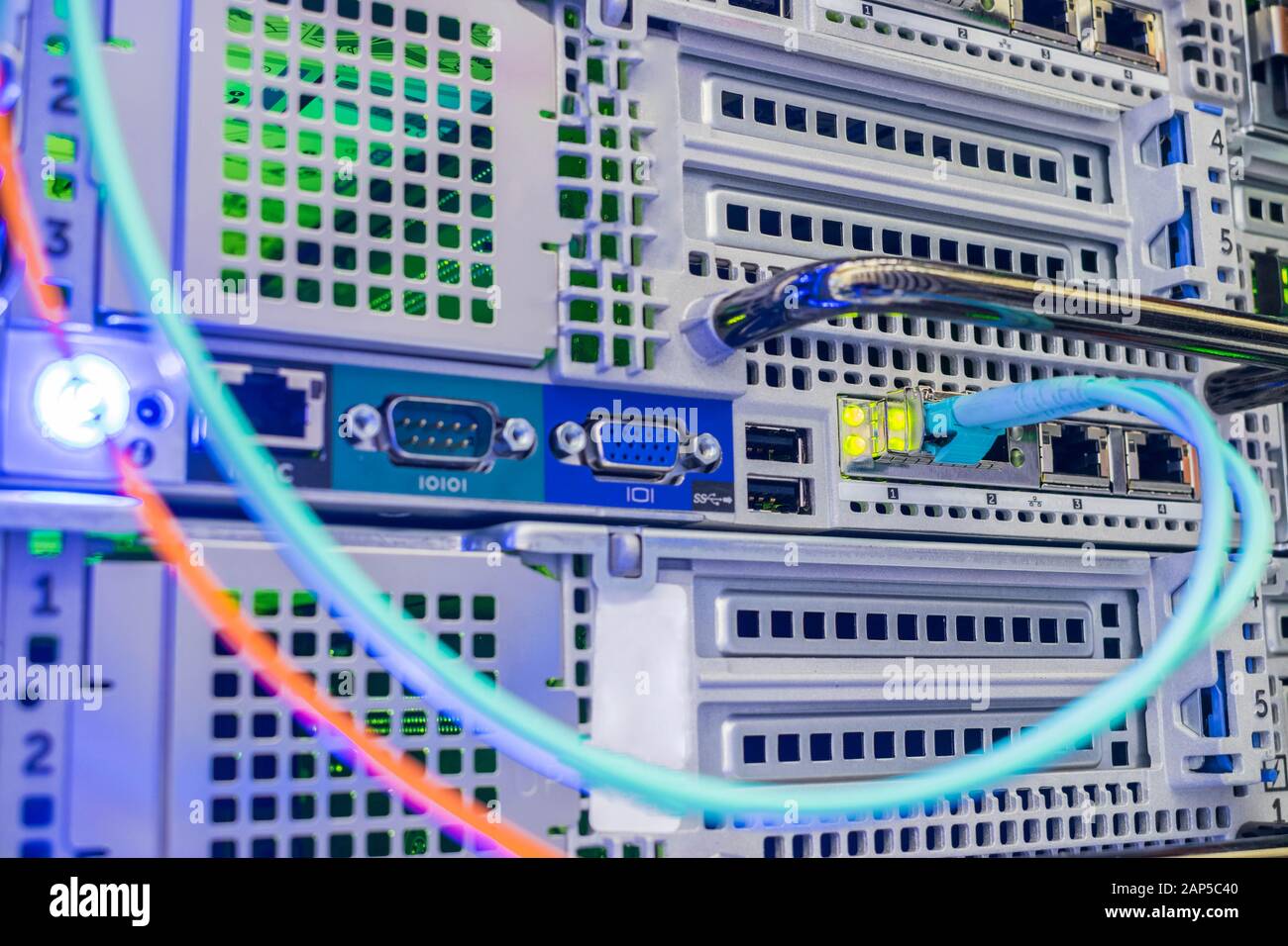 Optical fiber telecommunication cable is connected to the interface of ...