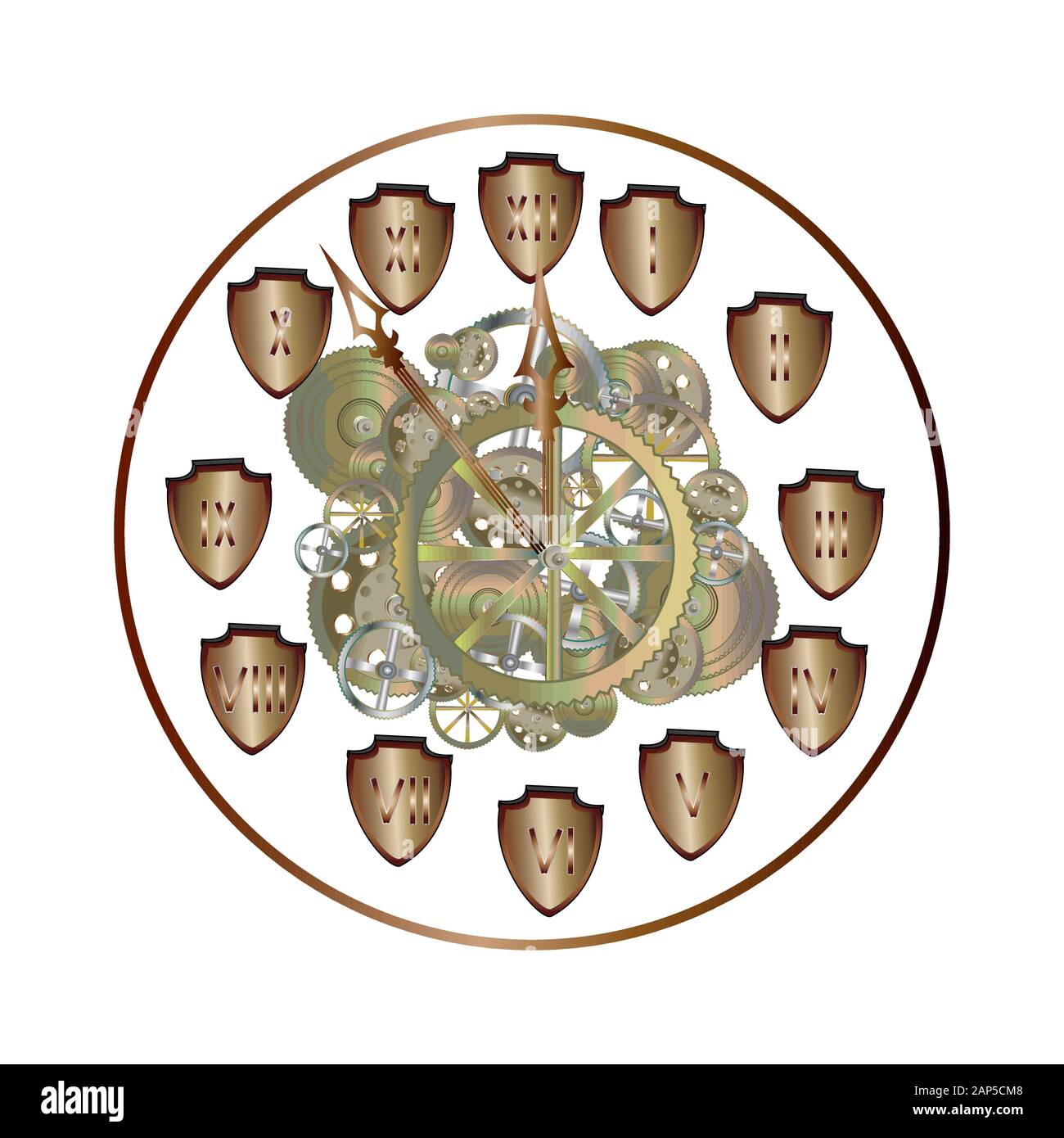 Clock with gold numbers and metal gears on white background. Clock gear ...