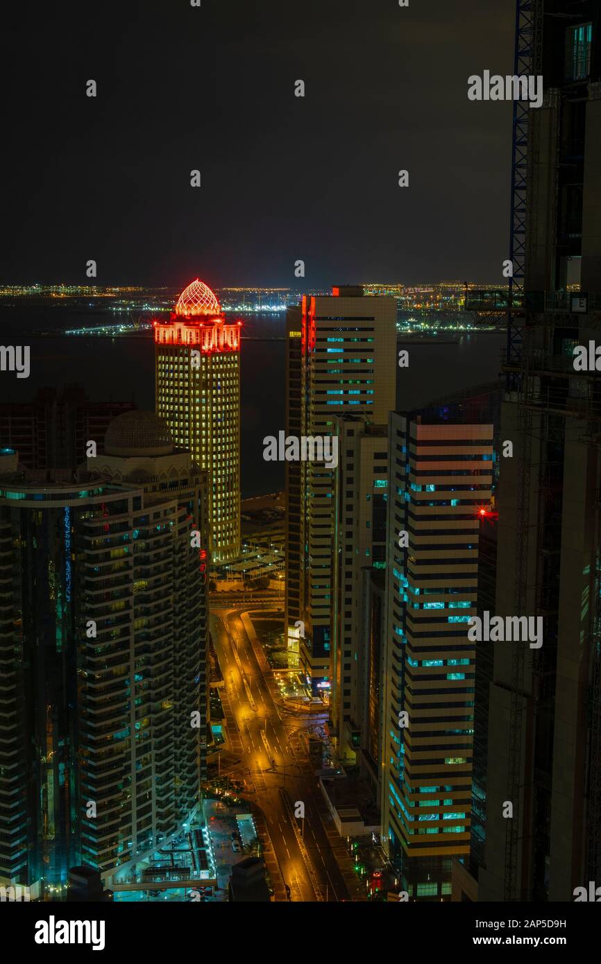 View over Doha downtown illuminated at night. January 15,2020 in Doha ...