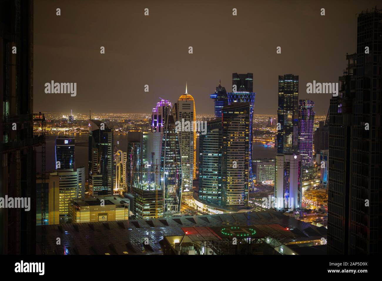 View over Doha downtown illuminated at night. January 15,2020 in Doha ...