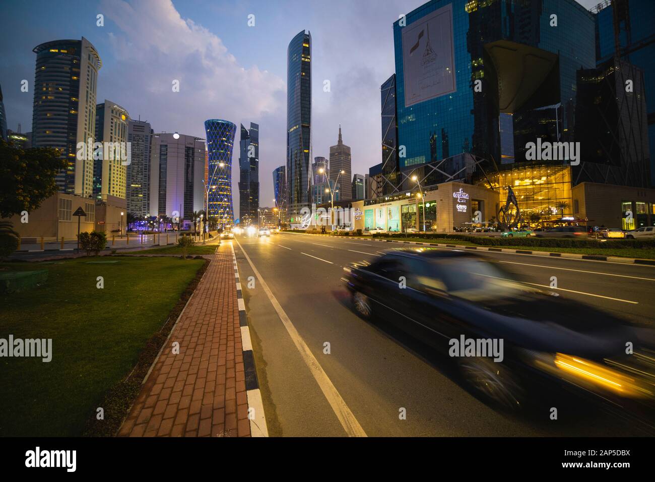 View over Doha downtown illuminated at night. January 15,2020 in Doha ...