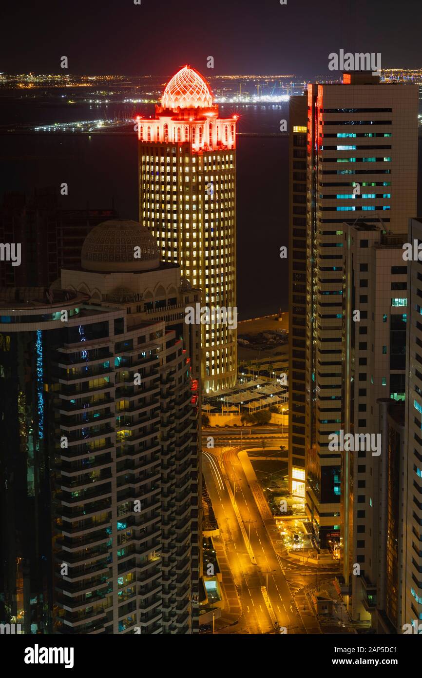 View over Doha downtown illuminated at night. January 15,2020 in Doha ...