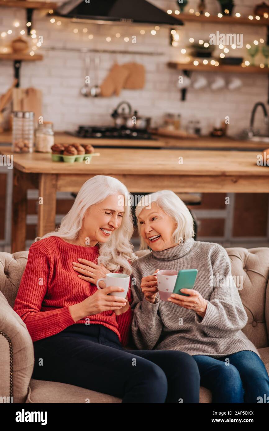 Two grey-haired pleasant cute ladies sitting on the sofa and smiling ...