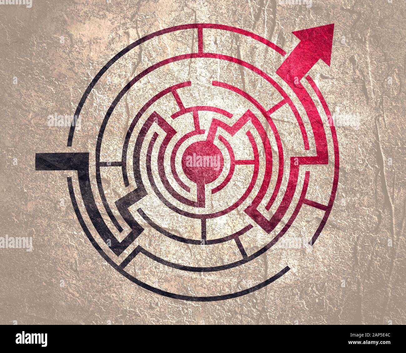 Red path across circular labyrinth. Right way concept Stock Photo - Alamy