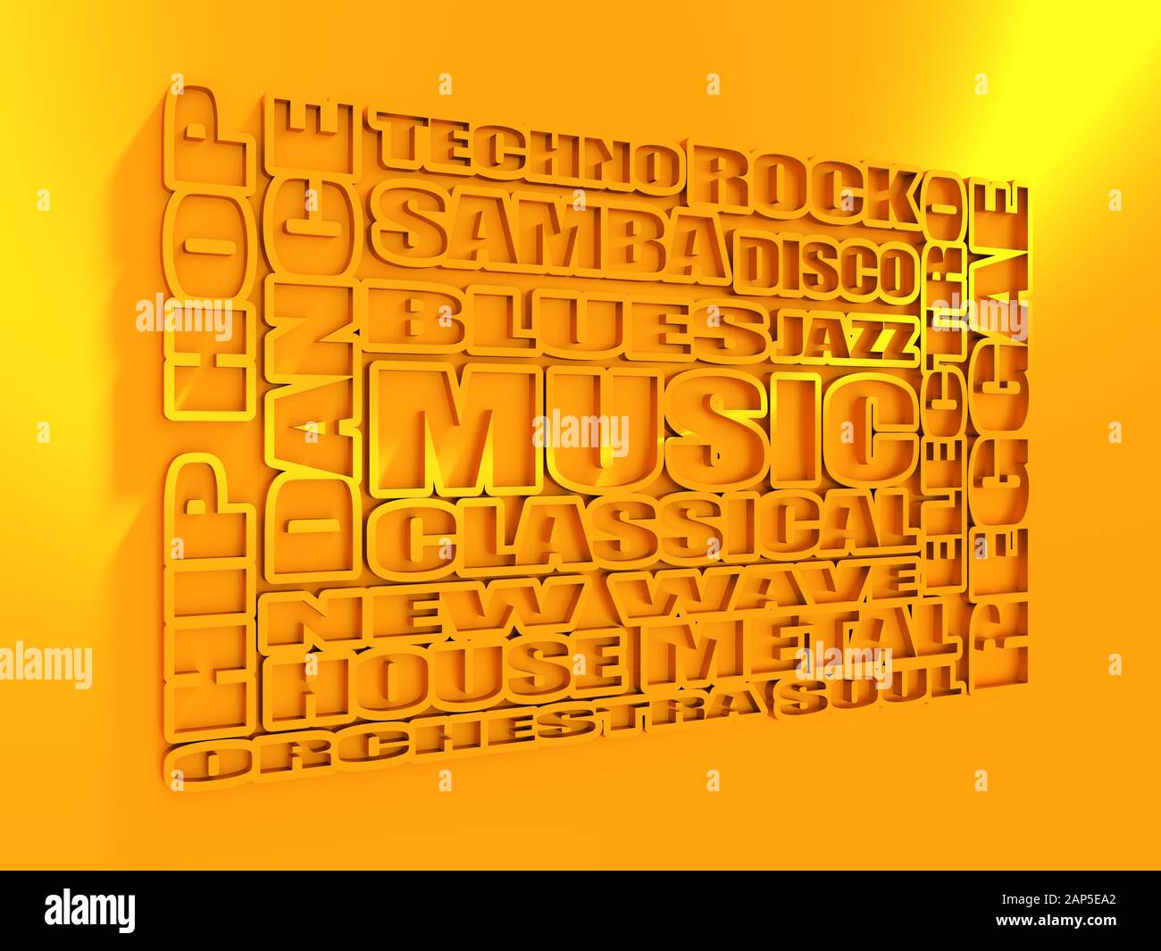 main music genres clouds list outline tags. 3D rendering Stock Photo ...