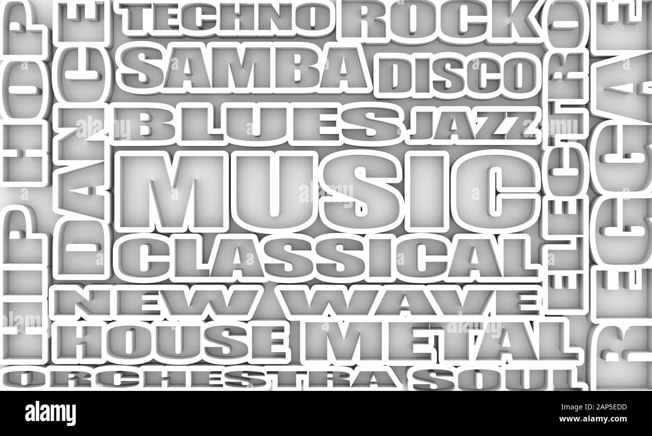main music genres clouds list outline tags. 3D rendering Stock Photo ...