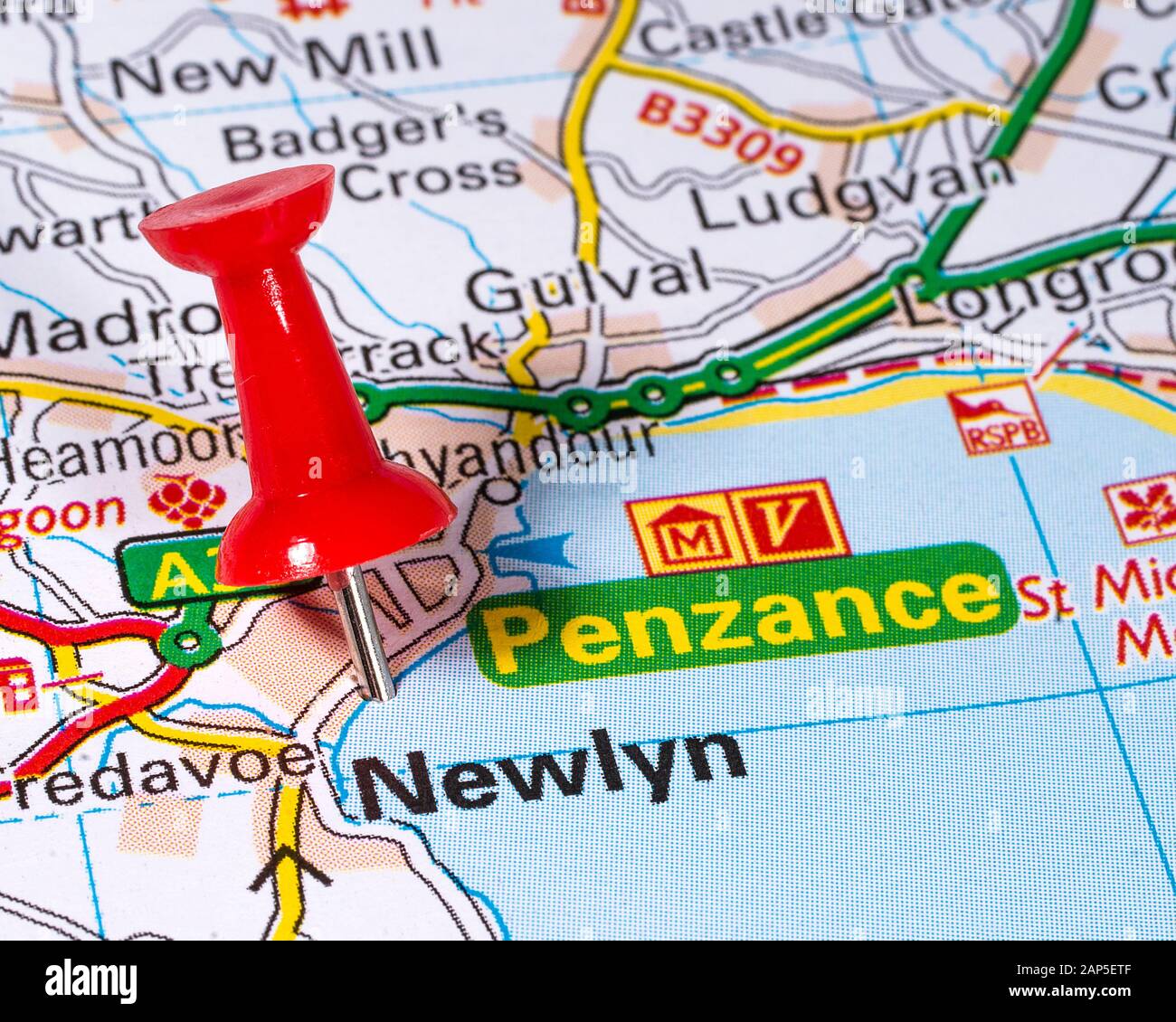 Close-up of a pin marking the location of the seaside town of Newlyn in ...