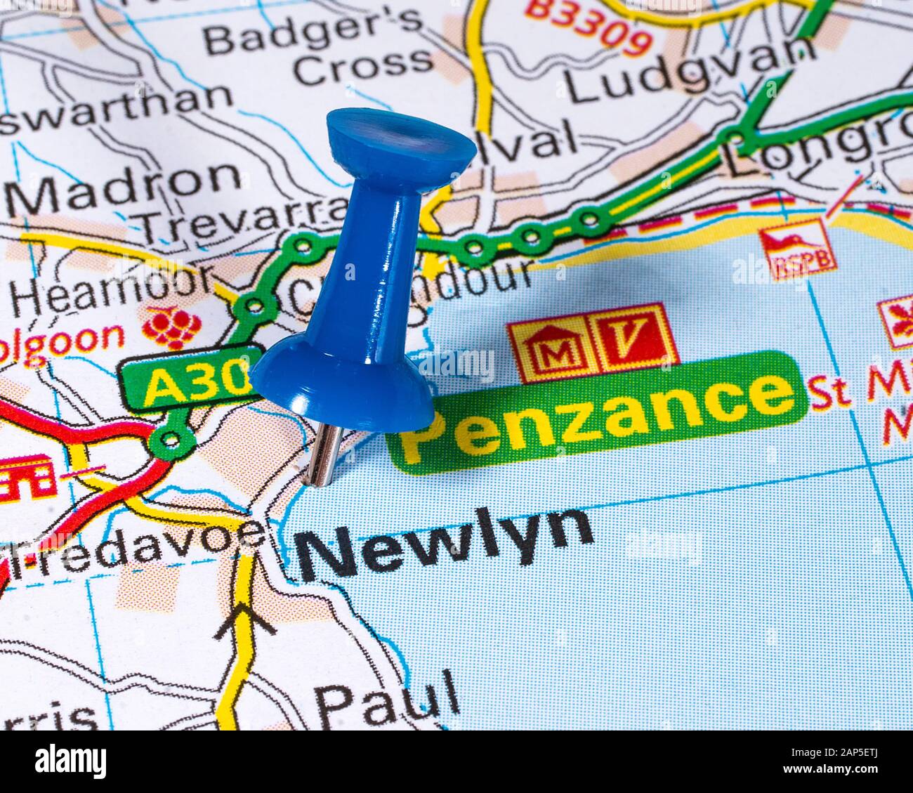 Close-up of a pin marking the location of the seaside town of Newlyn in ...