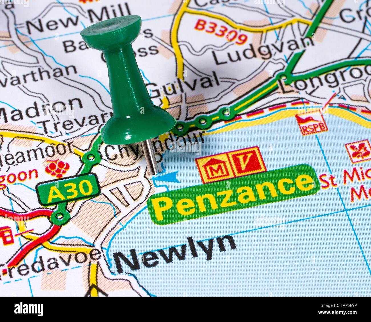Close-up of a pin marking the location of the seaside town of Penzance ...