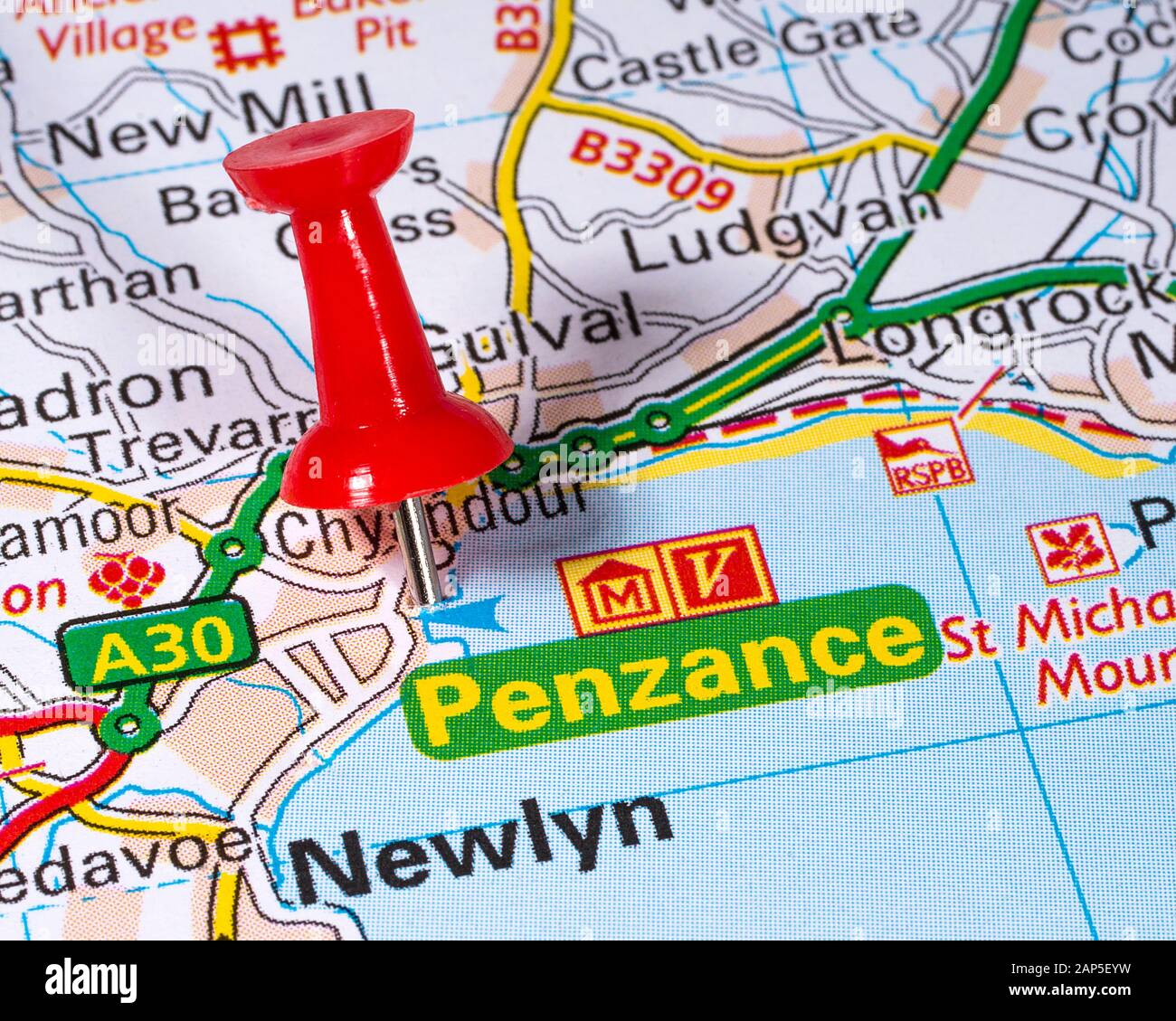 Close-up of a pin marking the location of the seaside town of Penzance ...