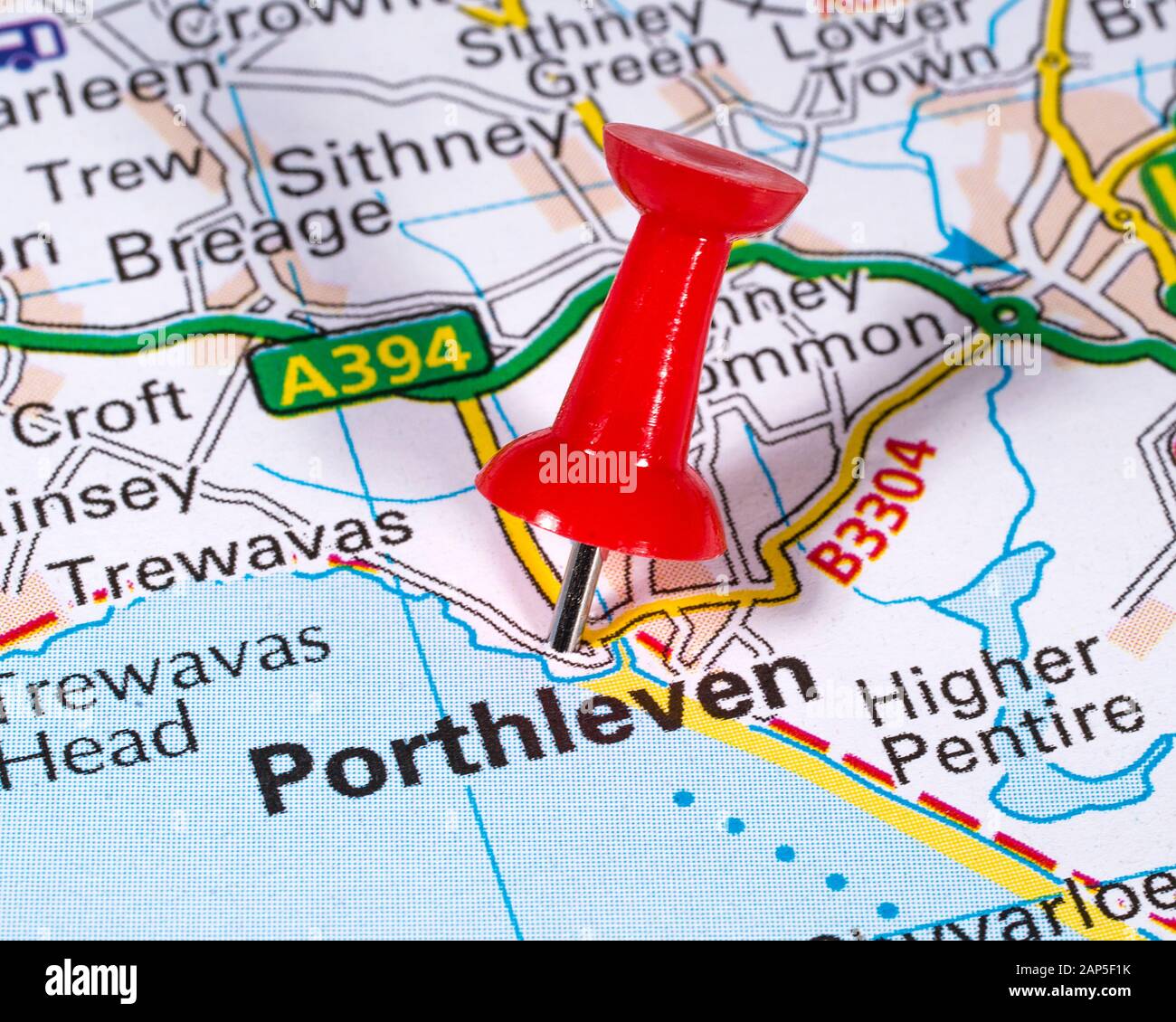 Close-up of a pin marking the location of the town of Porthleven in ...