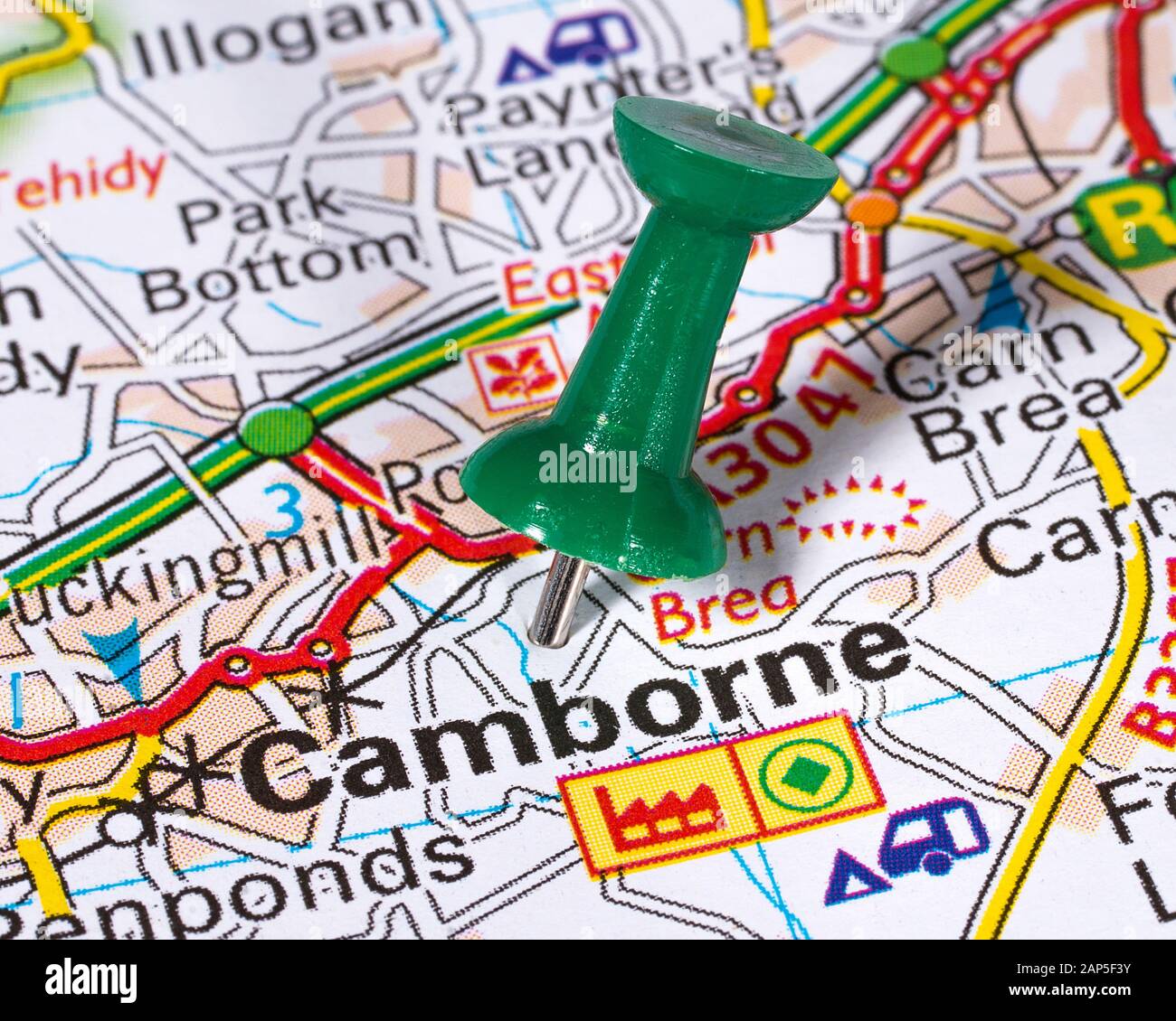 Close-up of a pin marking the location of the town of Camborne in ...