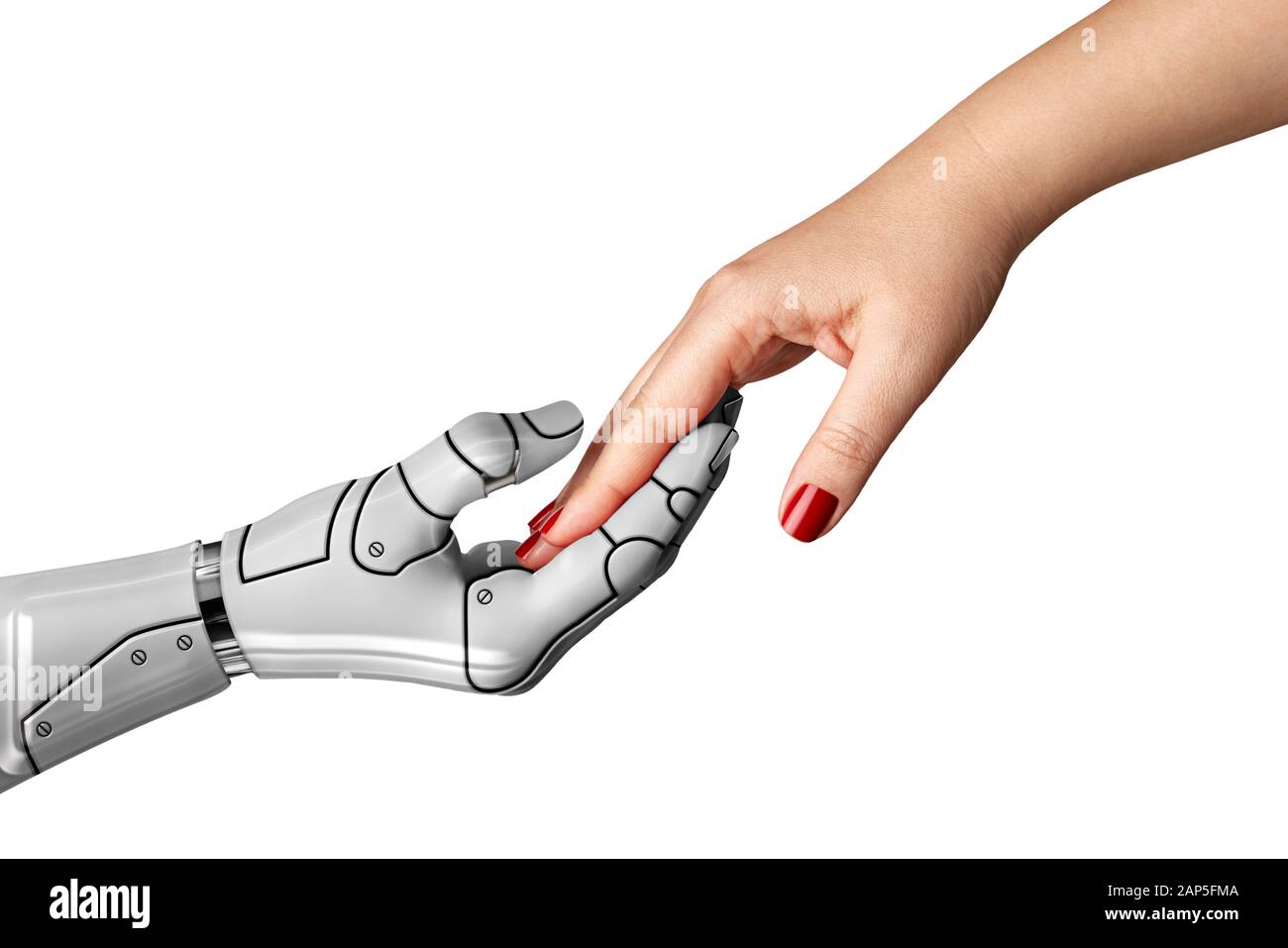 Robotic cyborg hand holding female human hand on white background ...