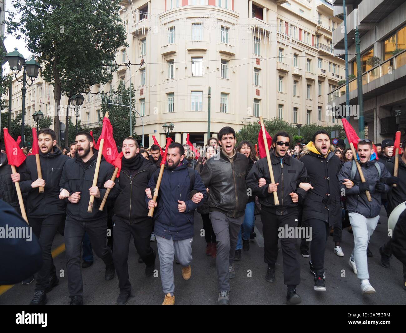 Left wing students and teachers protest in Athens against the planned ...