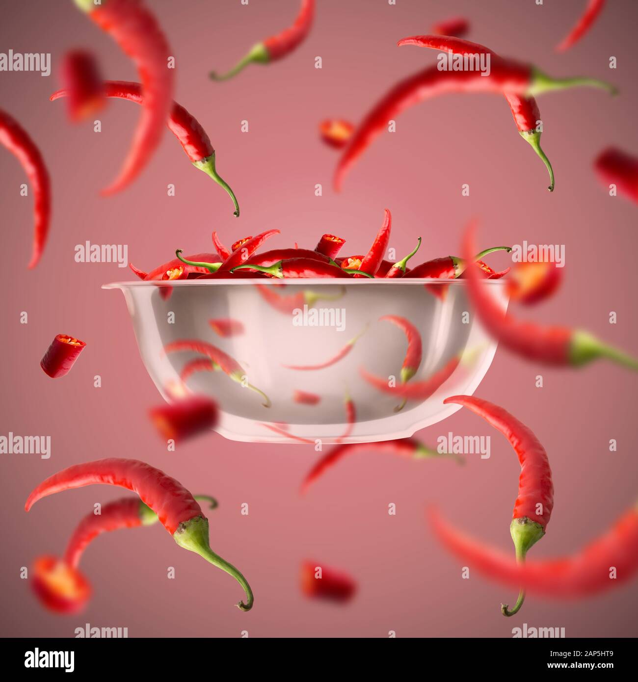 Hot chili pepper on red background. Flying composition from bowl Stock ...