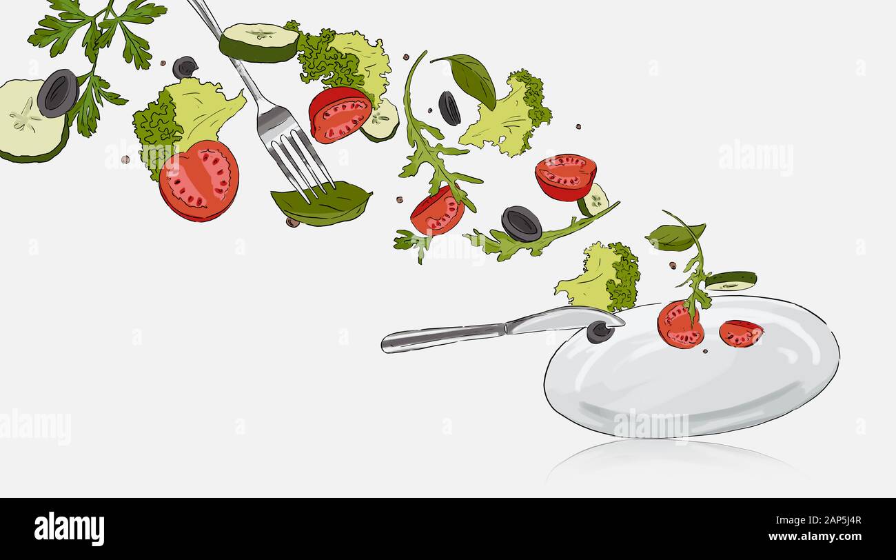 Cut sliced into pieces vegetable mix flying in the air from plate Stock ...