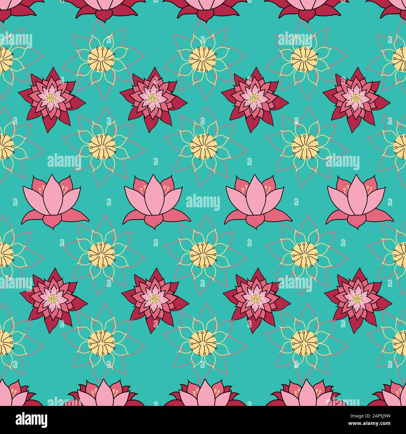 Lotus festival, big open flowers in rows, repeat seamless vector ...