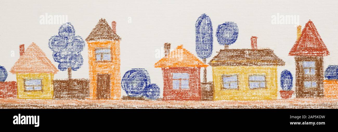 Child crayons drawing of street with houses on textured paper Stock ...