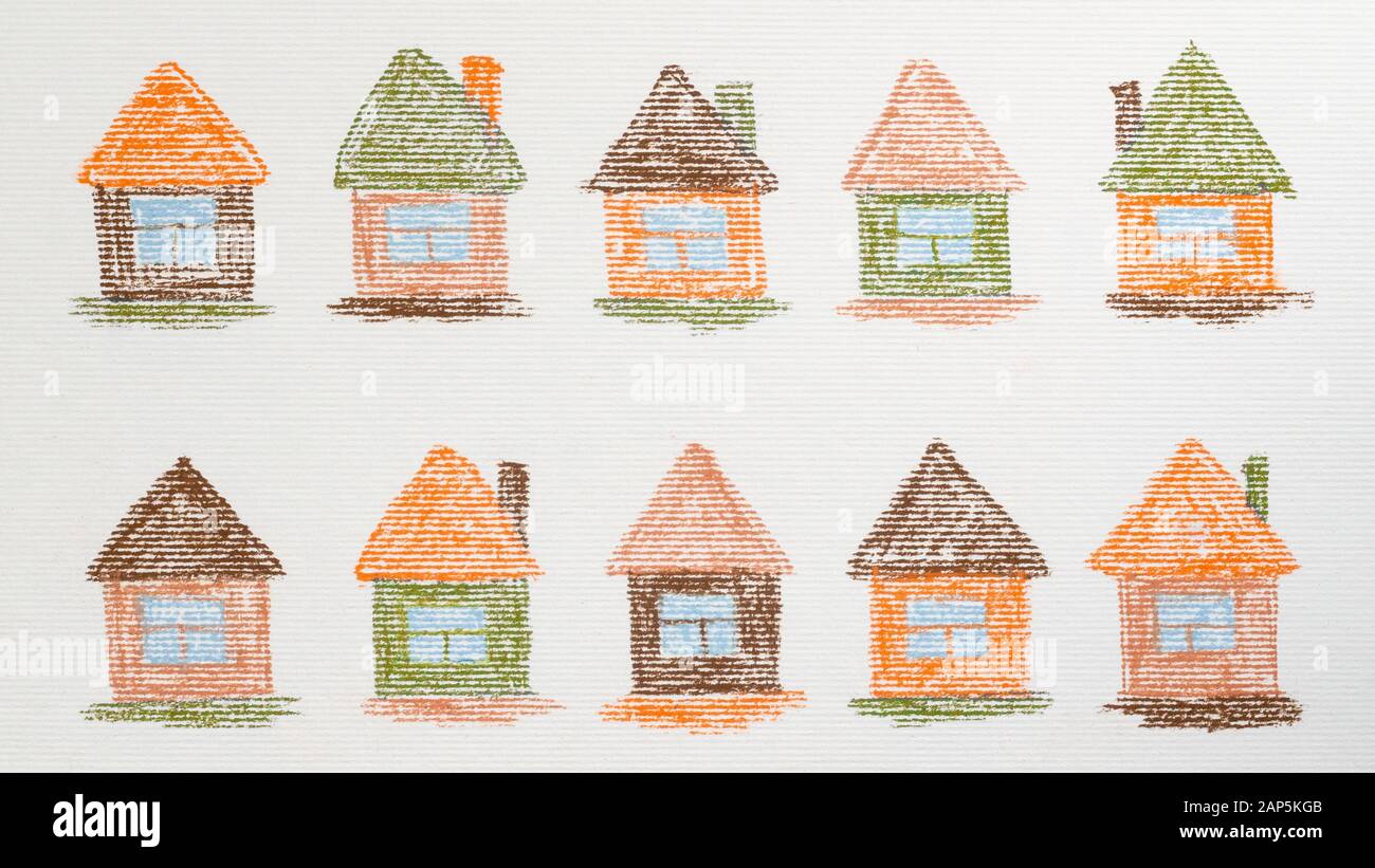 Child crayons drawing of many small houses on textured paper Stock ...